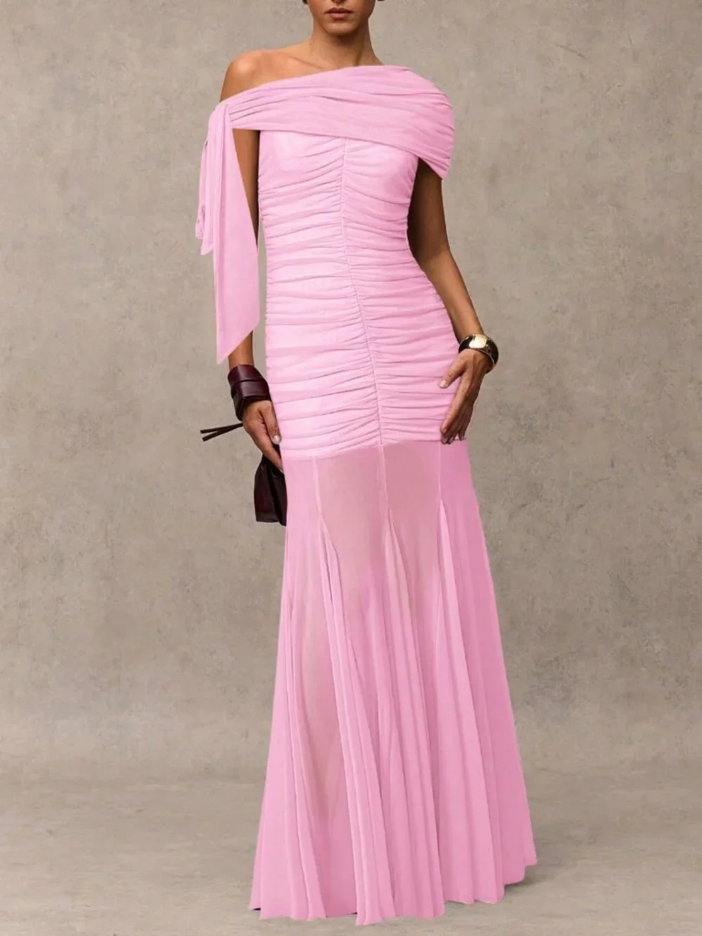 Dresses | Baby Pink Elegant Womens Ruched Mesh Patchwork Cinched Waist ...